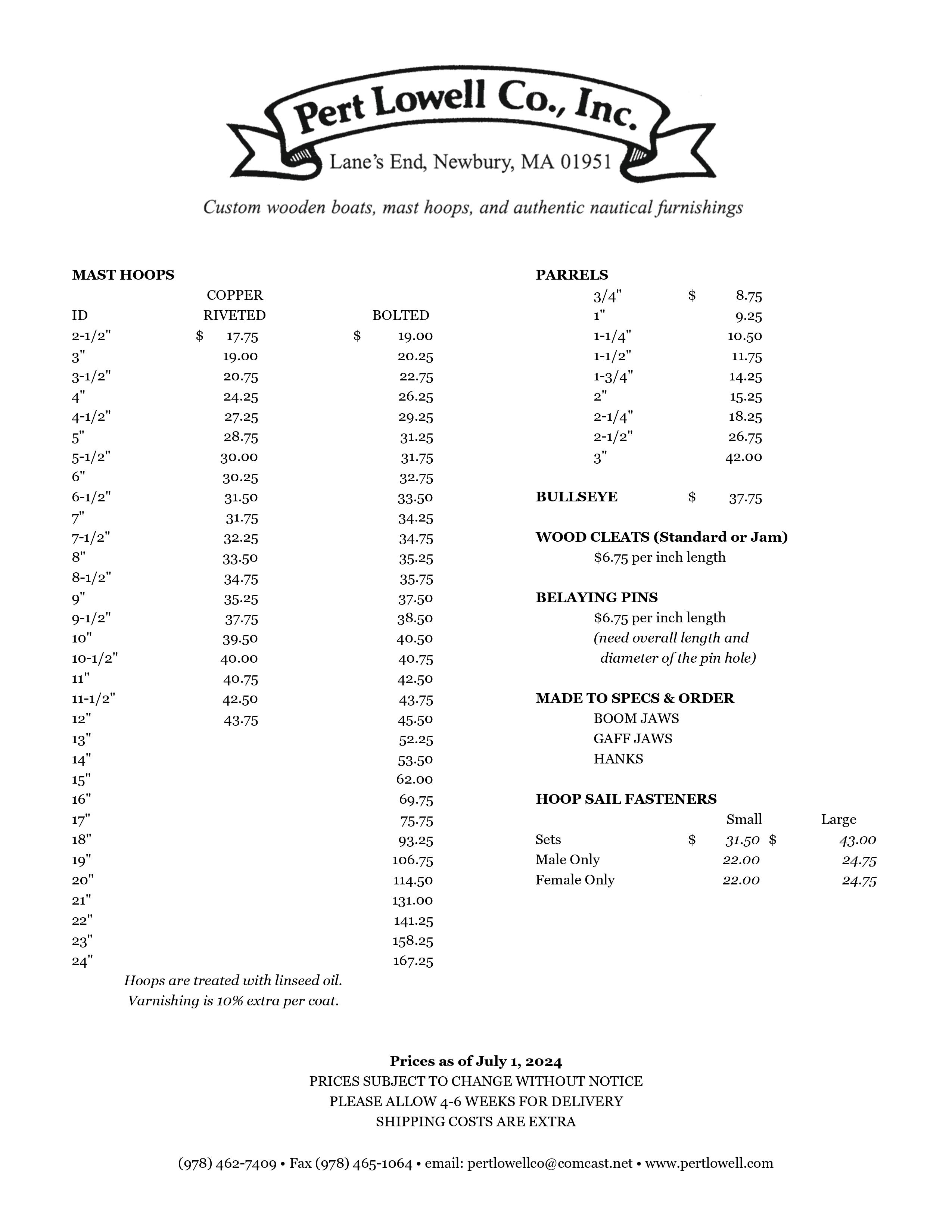 Mast Hoops and Wooden Hardware Prices from Pert Lowell Co., Inc.