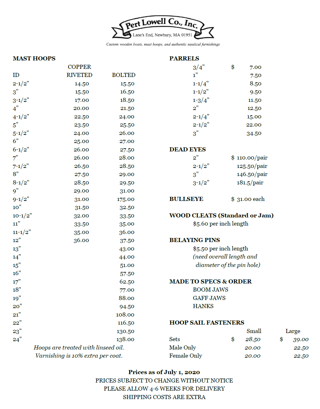 Mast Hoops and Wooden Hardware Prices from Pert Lowell Co., Inc.